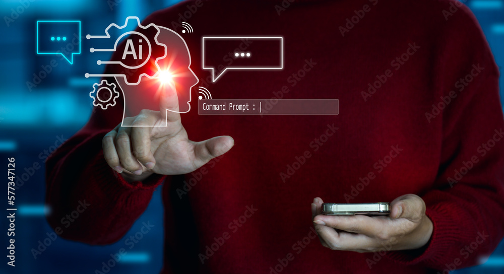 ChatGPT Chat concept AI, Artificial Intelligence. young man using ...
