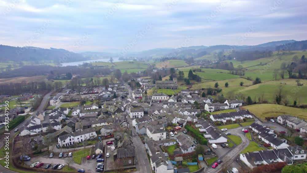 Drone, aerial footage of the historic village of Hawkshead a ancient ...