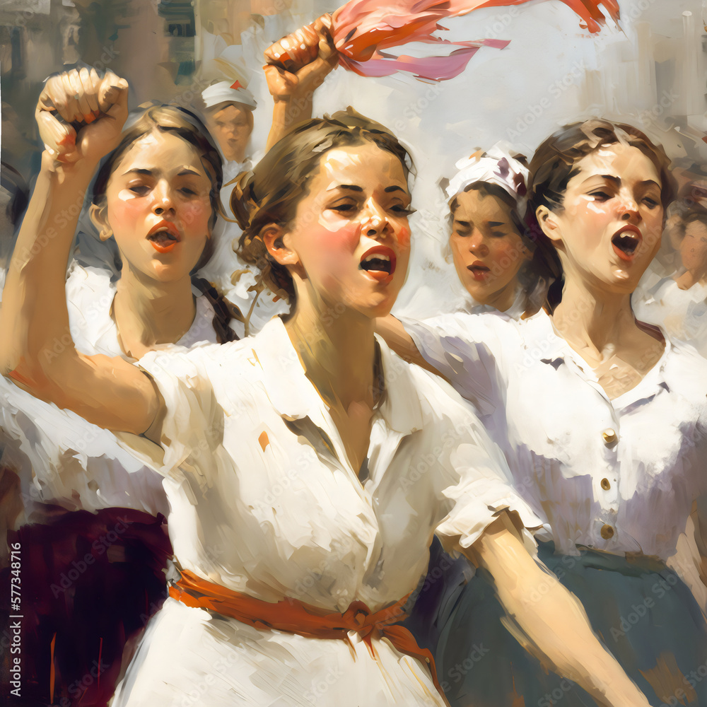 vintage painting of feminist women in power pose with raised fists ...