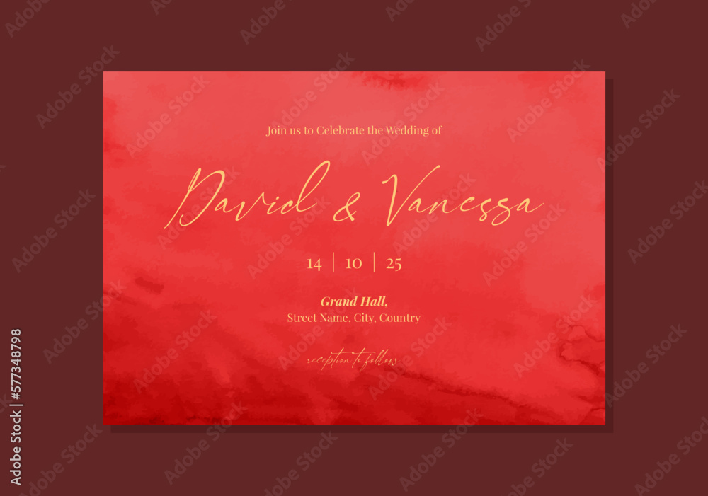 Red wedding invitation card template design with watercolor texture ...