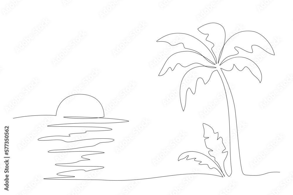 Vector illustration of one line drawing of beach with palm tree and ...