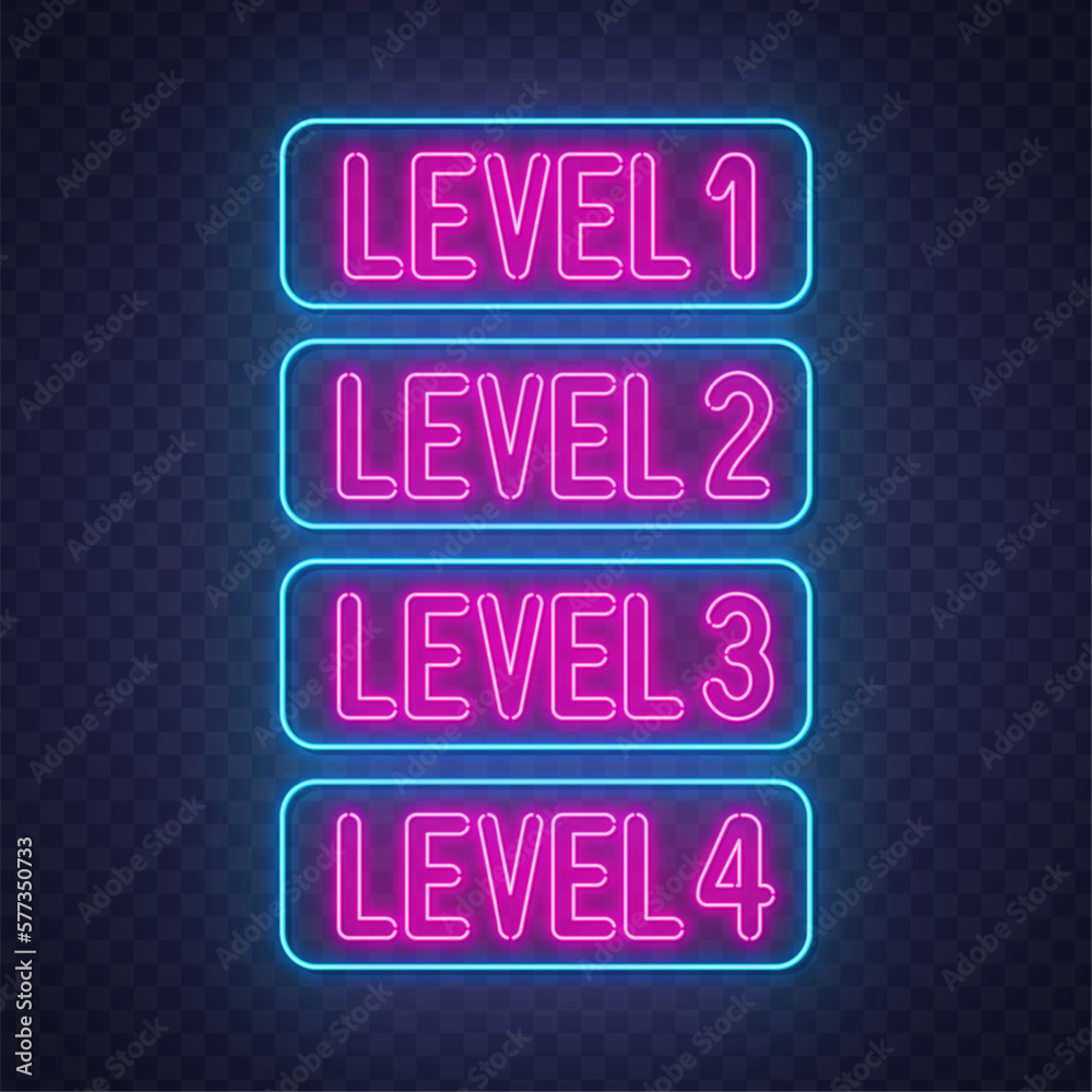 Level 1,2,3,4 neon sign on a transparent dark background Stock Vector ...