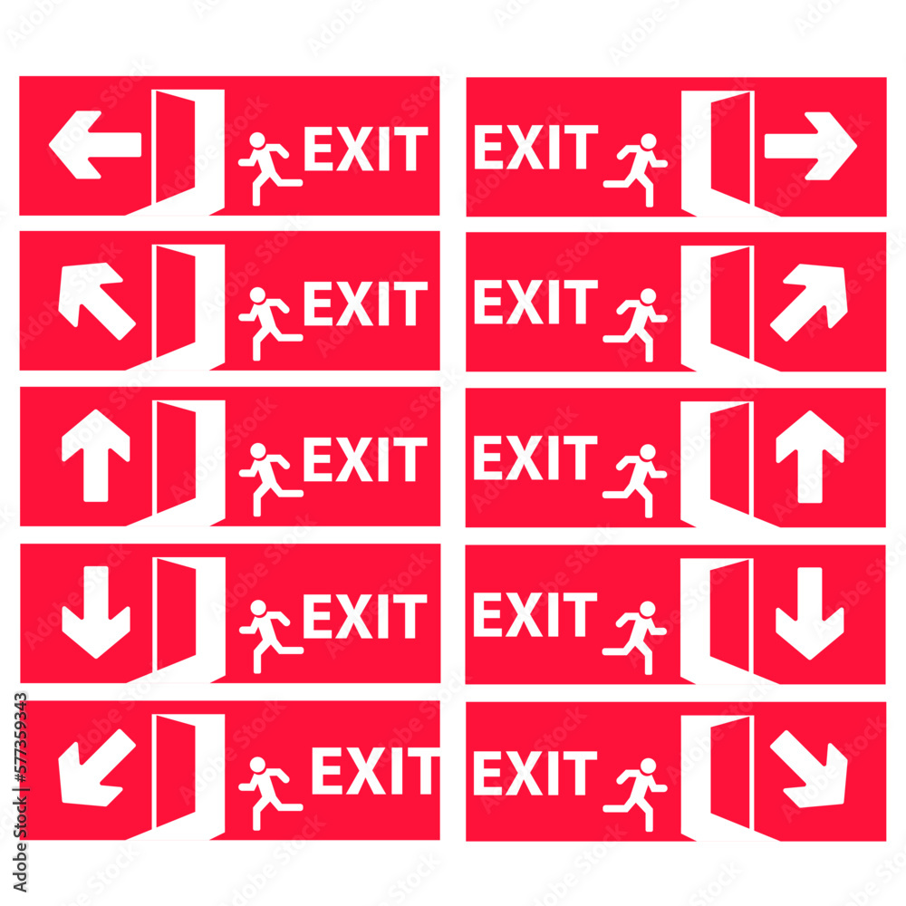 emergency exit, evacuation signs set. emergency evacuation idea concept ...