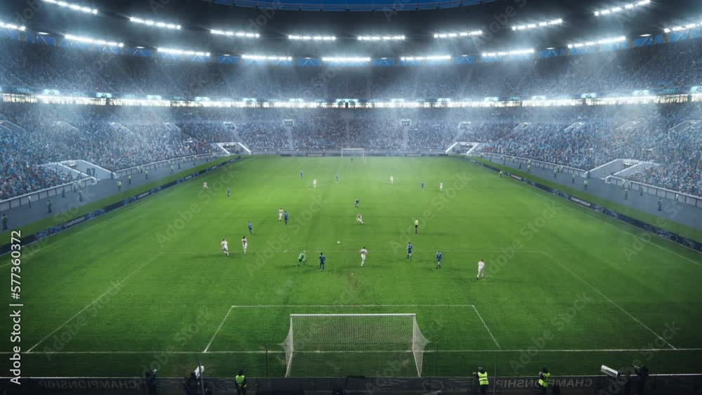 High Angle Aesthetic Establishing Shot Behind Galkeeper Gates: Stadium ...