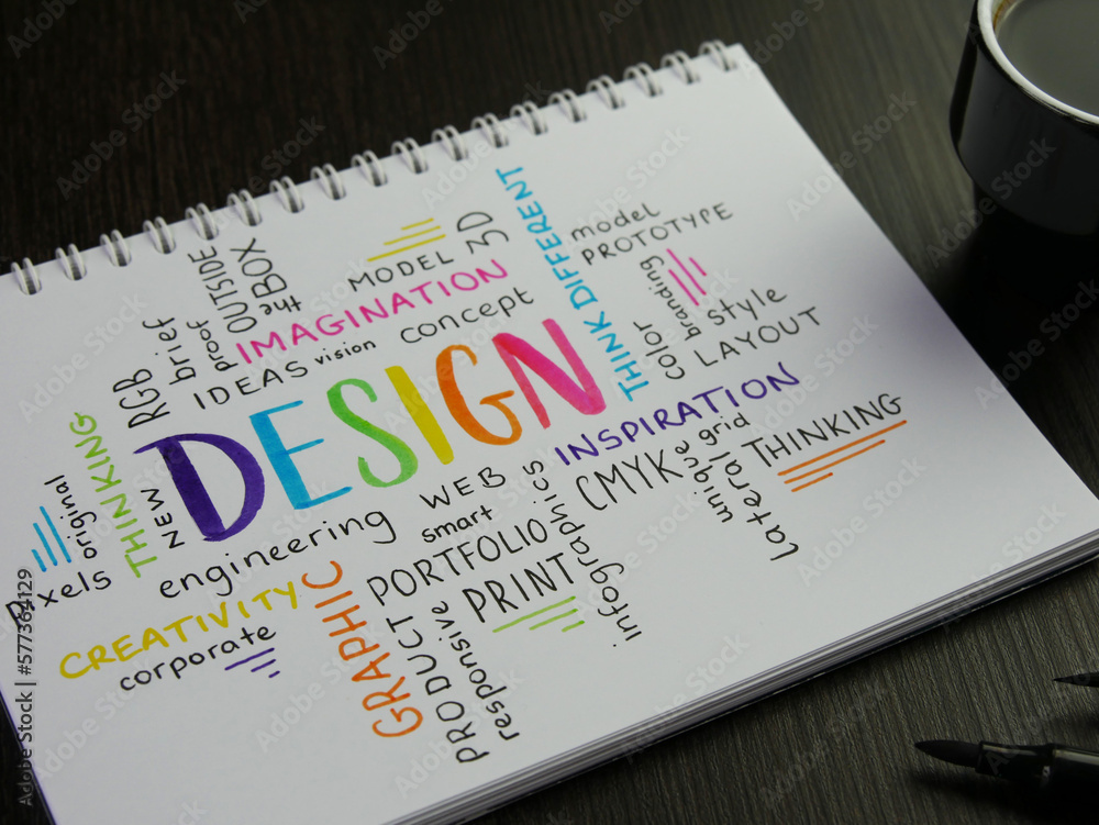 Colorful DESIGN word cloud handwritten in notebook with espresso and ...