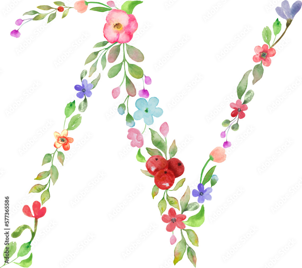 Monogram letter N made of watercolor flowers, leaves, branches, berries ...