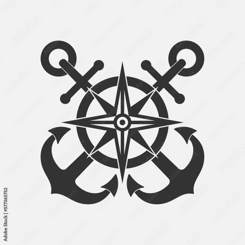 Nautical graphic icon. Compass with crossed anchors sign isolated on ...