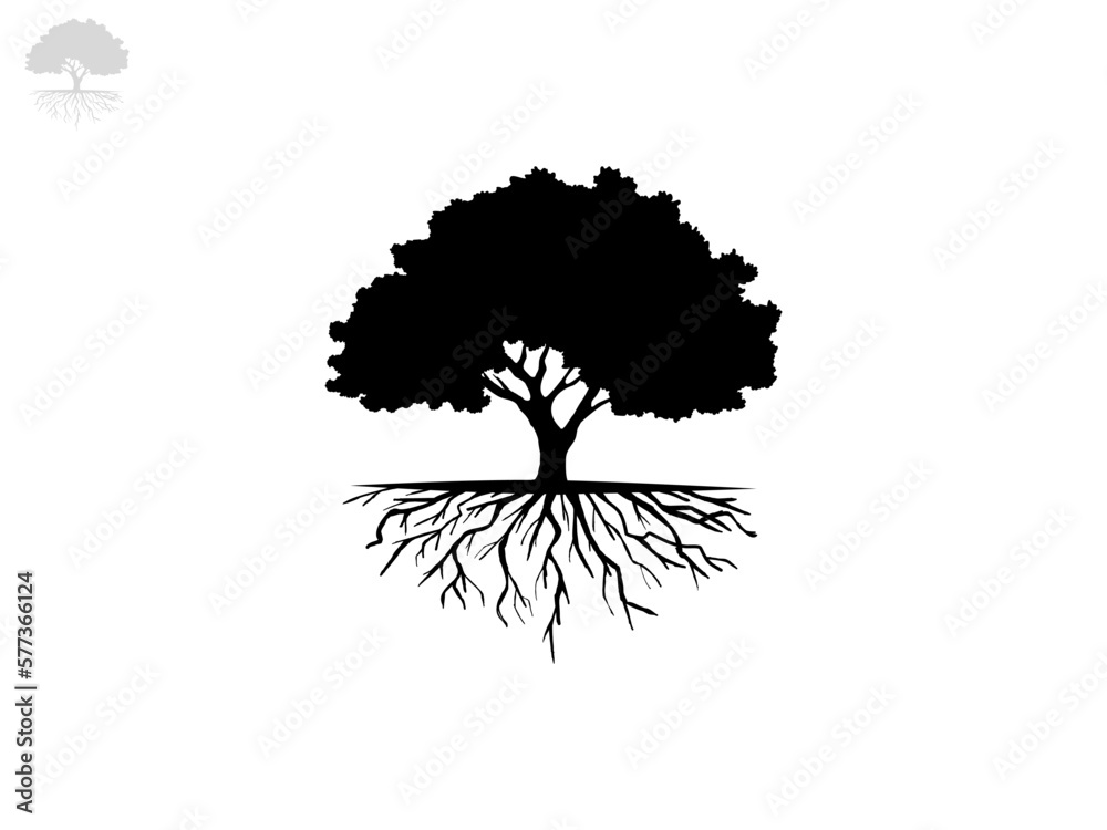 Tree and root silhouette isolated on white background. Tree and roots ...