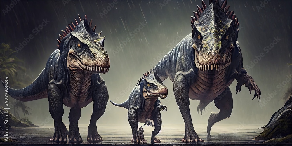 Scary raptor dinosaur family with parents and brood, generative ai ...