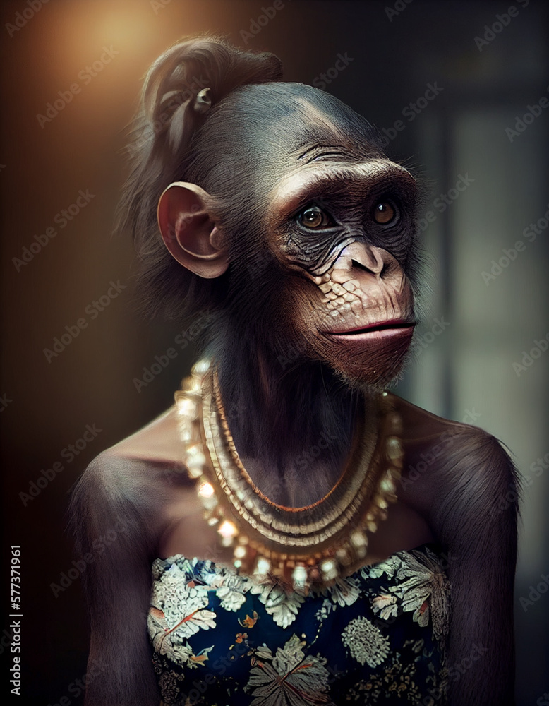 Female chimpanzee in evening dress and jewelry. Fashionista. Studio ...