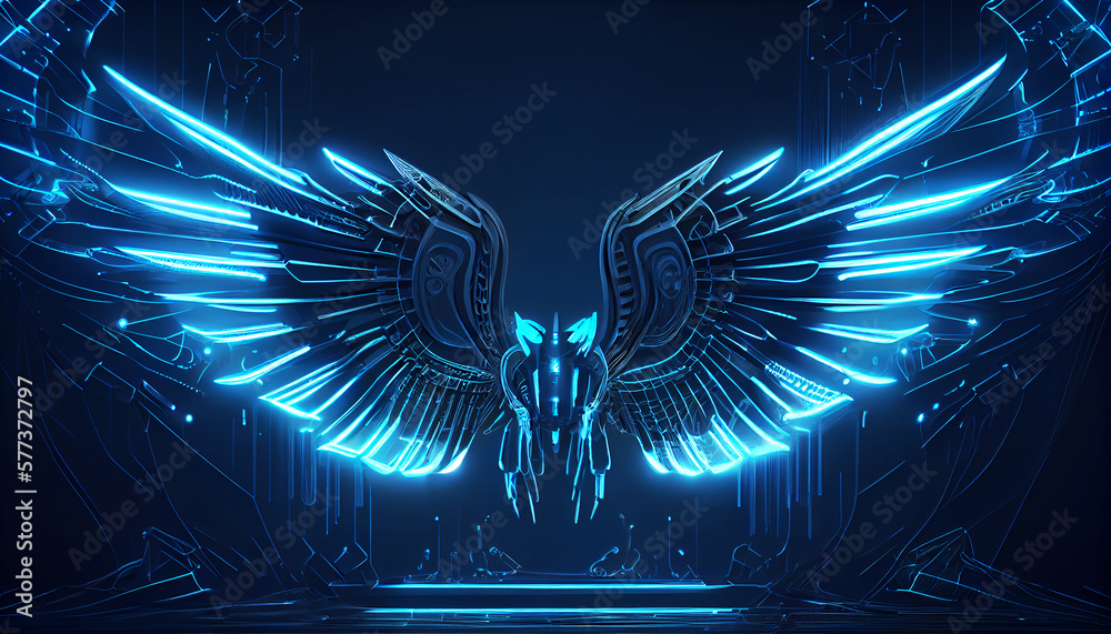 Neon glowing abstract blue angel wings. high-tech robot wings, Isolated ...