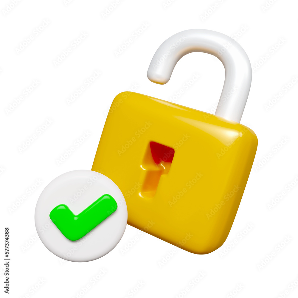 Poster 3d Yellow unlocked padlock icon with green check symbol – Wall ...