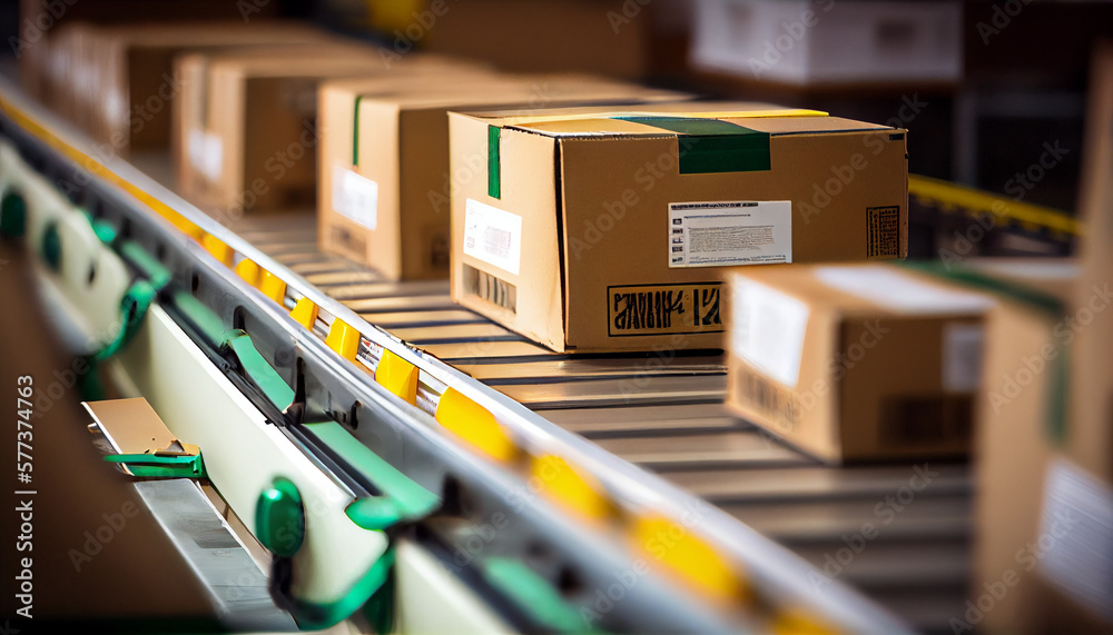 Image of a conveyor belt carrying boxes in a factory generated by AI ...