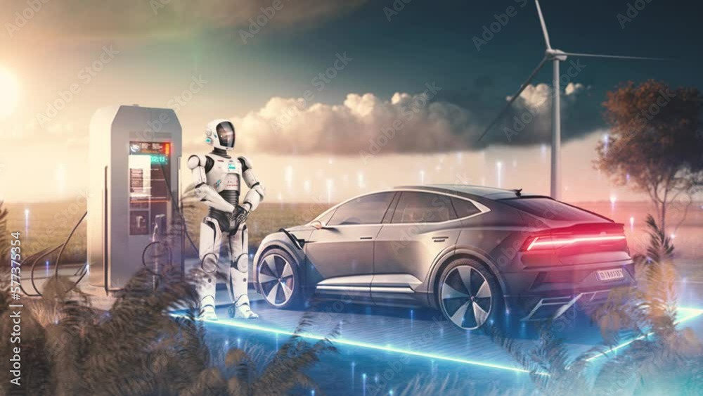 A electric car is parked next to a charging station. A humanoid robot ...