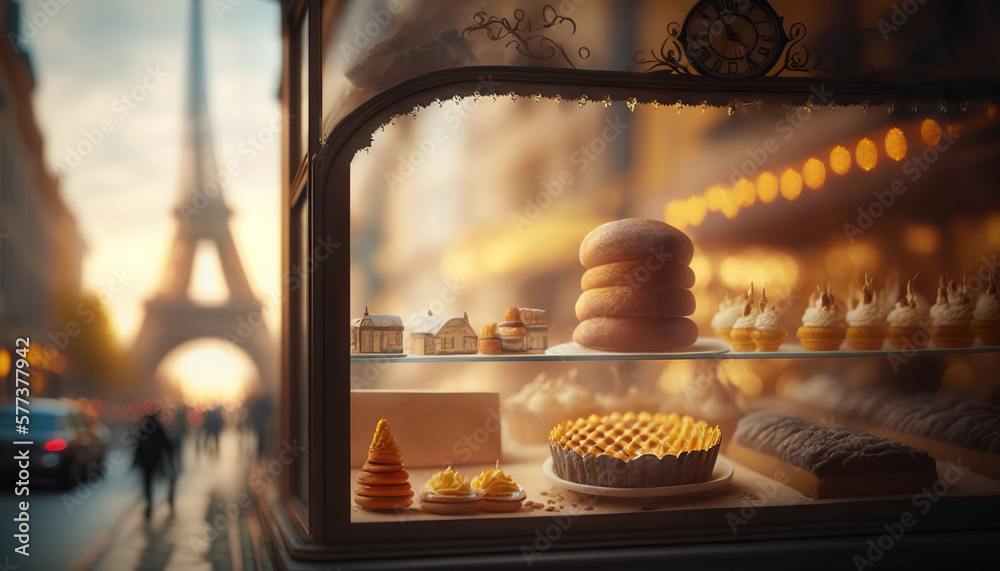 French bakery on background of Eiffel Tower, Paris. Based on Generative ...