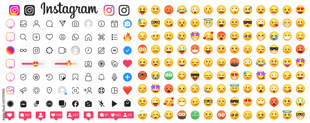 Instagram icons and emoticon smile icons collection. Instagram app ...