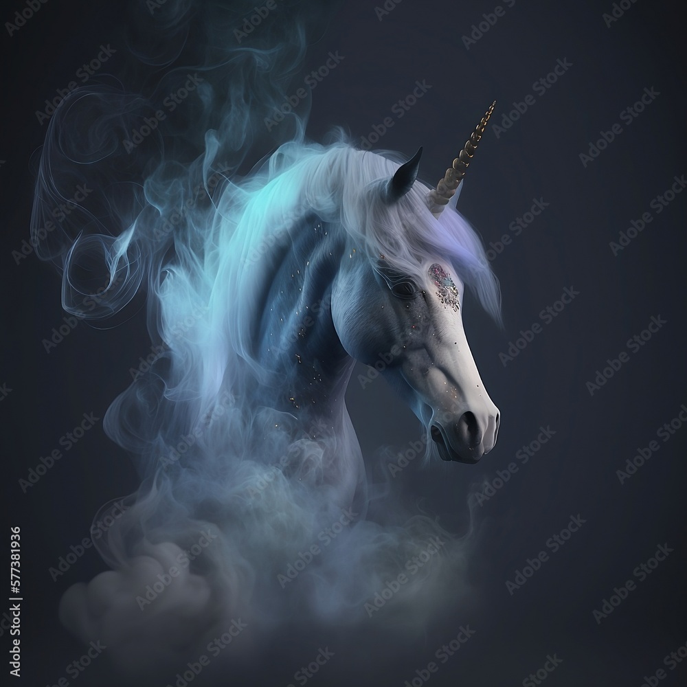 Unicorn in smoke. Unicorn with smoke on a dark background. Mythical ...