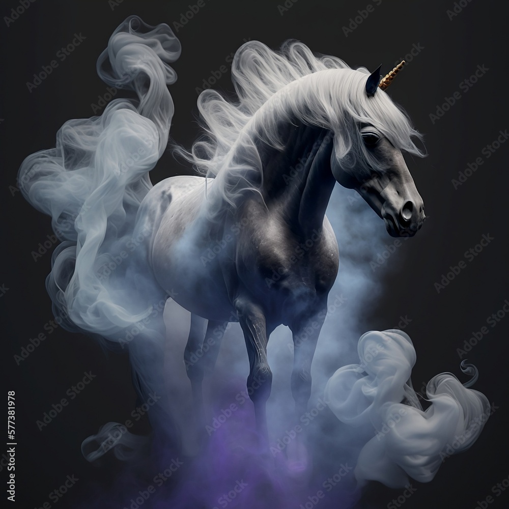 Unicorn in smoke. Unicorn with smoke on a dark background. Mythical ...