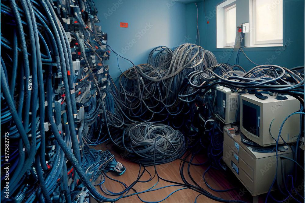 Network server room. Cables on network switches background. Data center ...