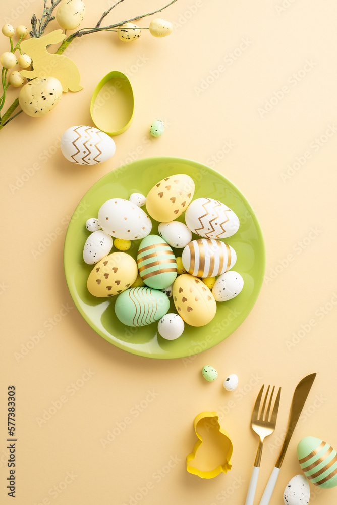 Easter atmosphere concept. Top view vertical photo of green plate with ...