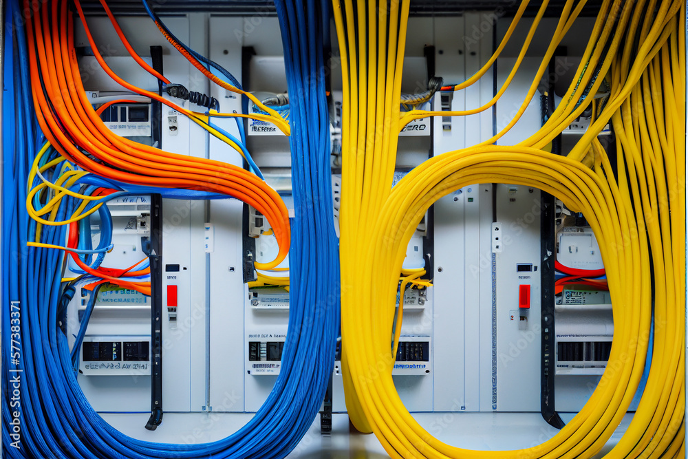 Network server room. Cables on network switches background. Data center ...