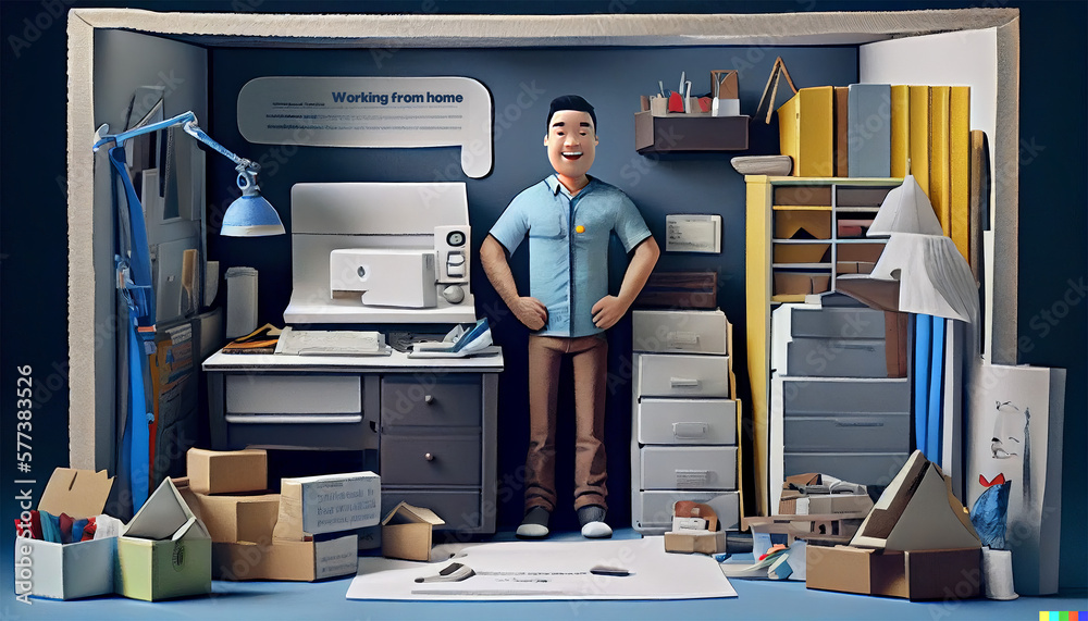 Working from home illustrated as a man in his home, miniature, scale ...