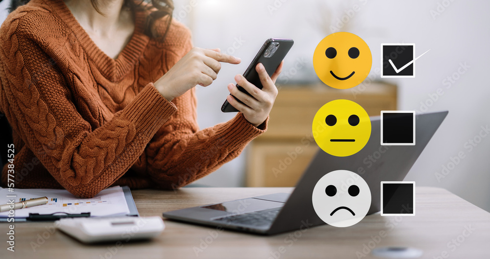 Happy Client customer experience concept. Woman recording phone inquiry ...