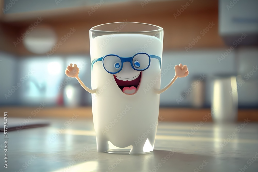 cartoon children's glass of milk with arms and legs, a beautiful smile ...