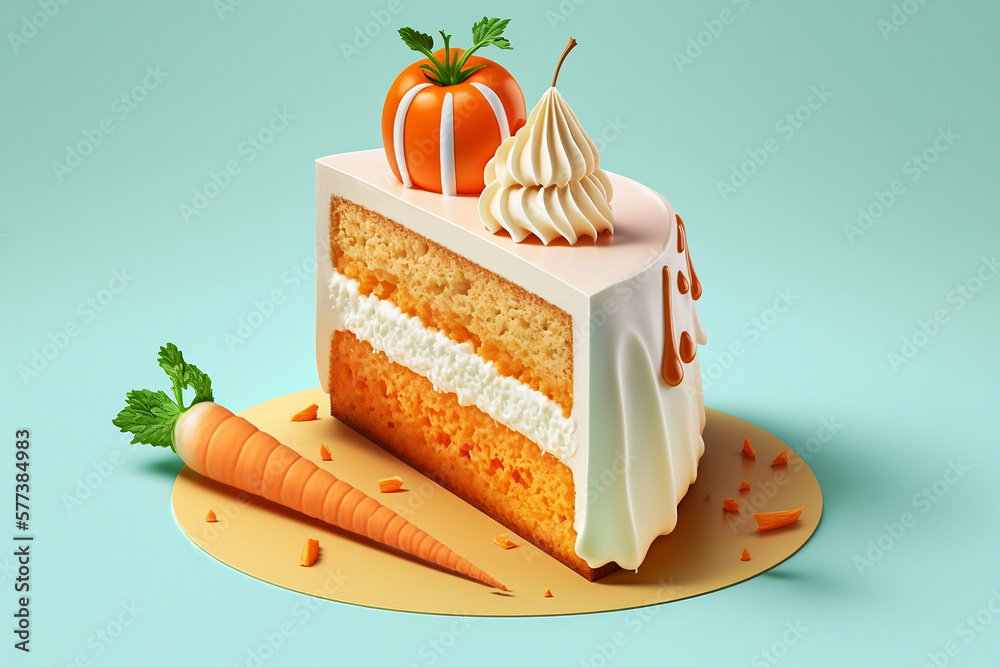 Multi-layer carrot cake on a pastel mint background. A piece of cake ...