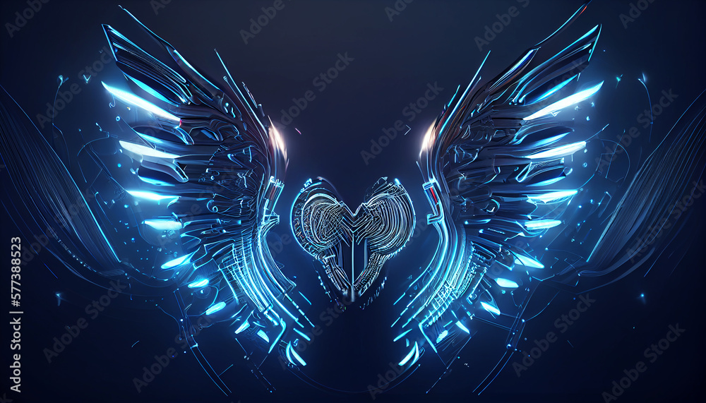 Neon glowing abstract blue angel wings. high-tech robot wings, Isolated ...