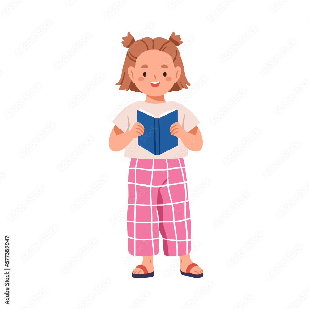Cute girl reading aloud. Happy child reader with book in hands. Kid ...
