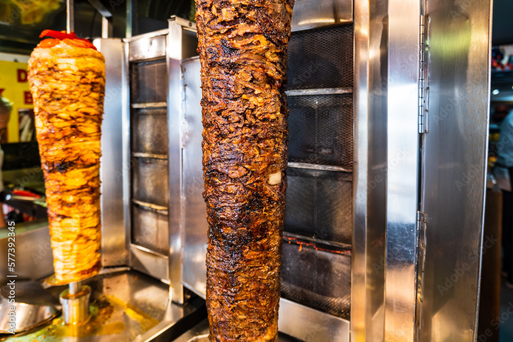 Traditional turkish foods, chicken doner and beef doner kebab in ...