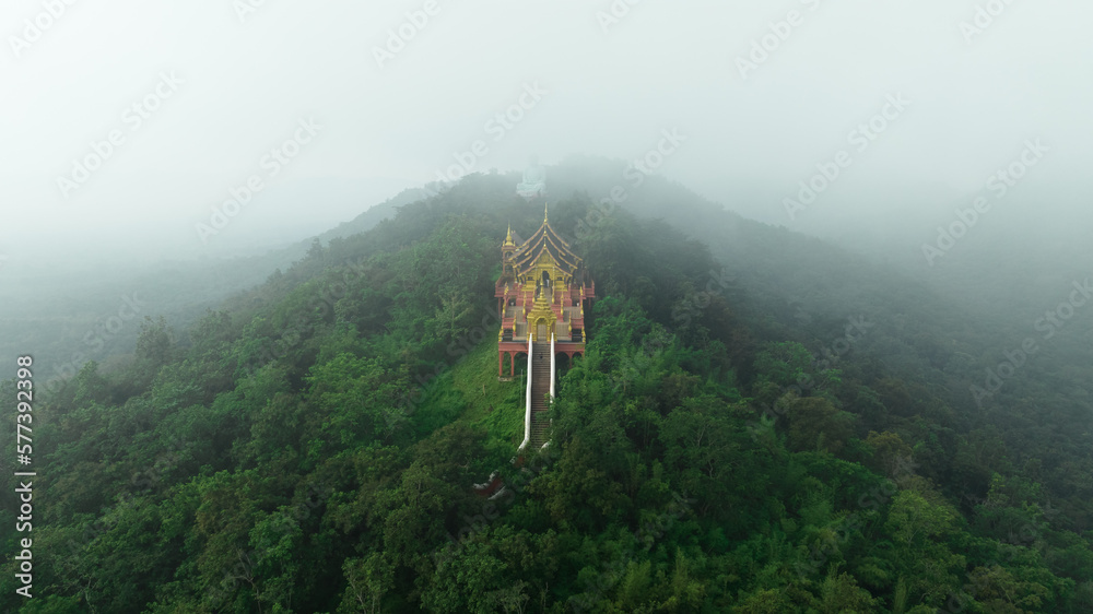 Aerial view at morning mist Wat Phra That Doi Phra Chan. and Daibutsu ...