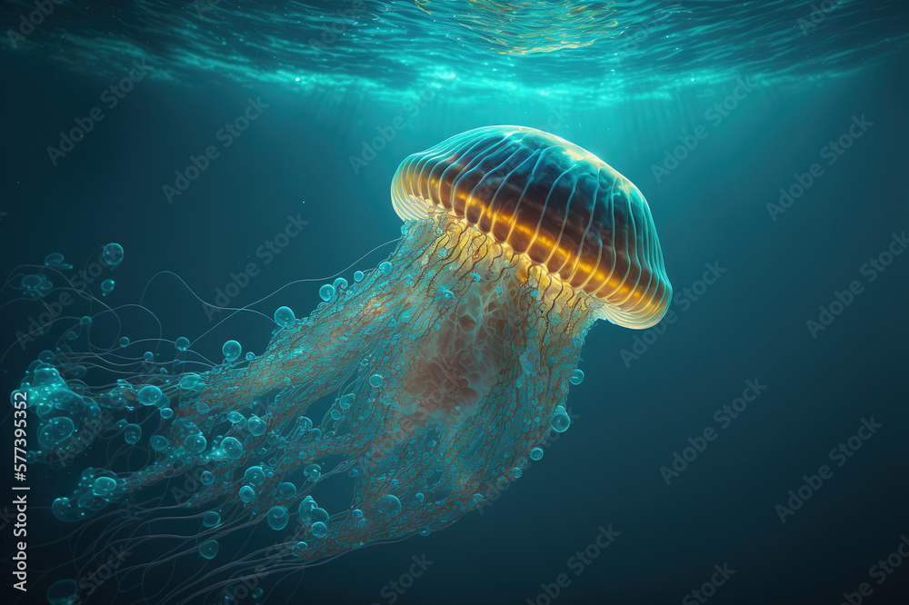 Underwater scene of jellyfish floating in sun rays below surface of the ...