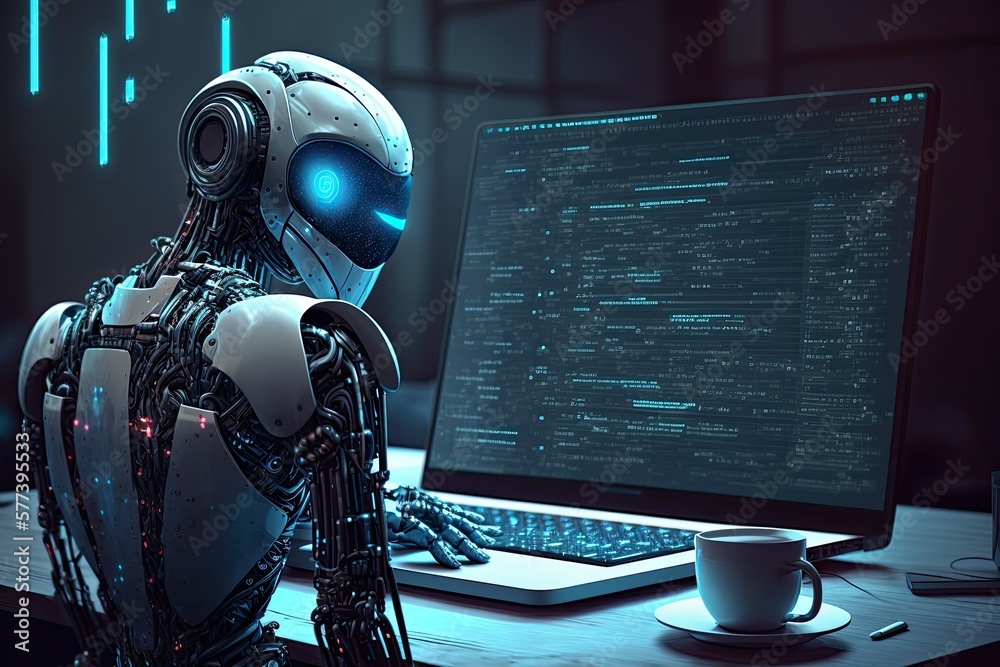 Futuristic robot typing and learning with laptop, chat bot. Generative ...