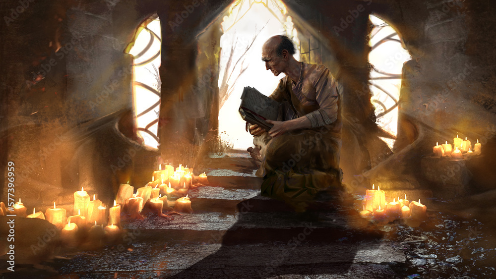 A blind old man holds in his hands a sacred book surrounded by burning ...