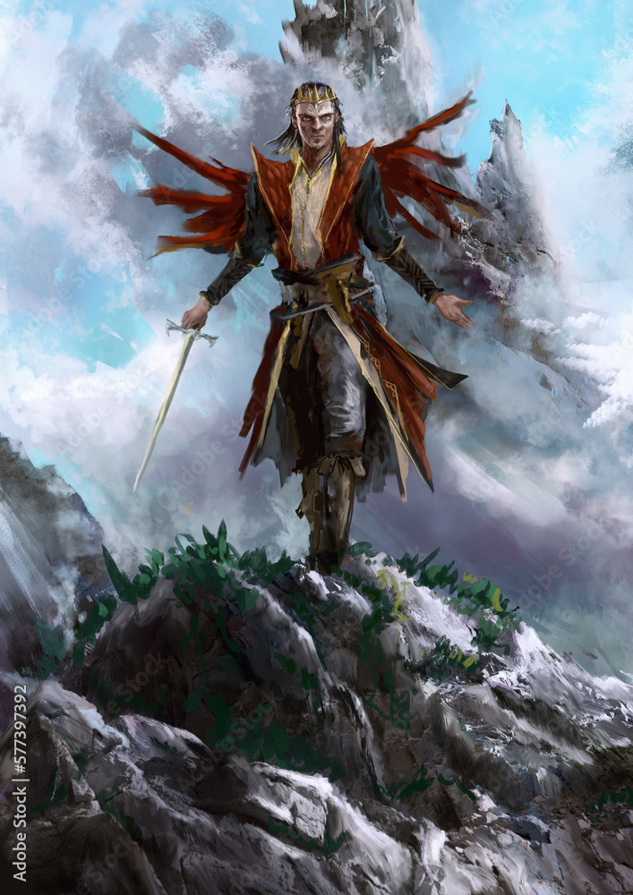 An Old Wizard In A Red Cloak Gold Jewelry And A Crown Holds A Long Sword In His Hand He Is