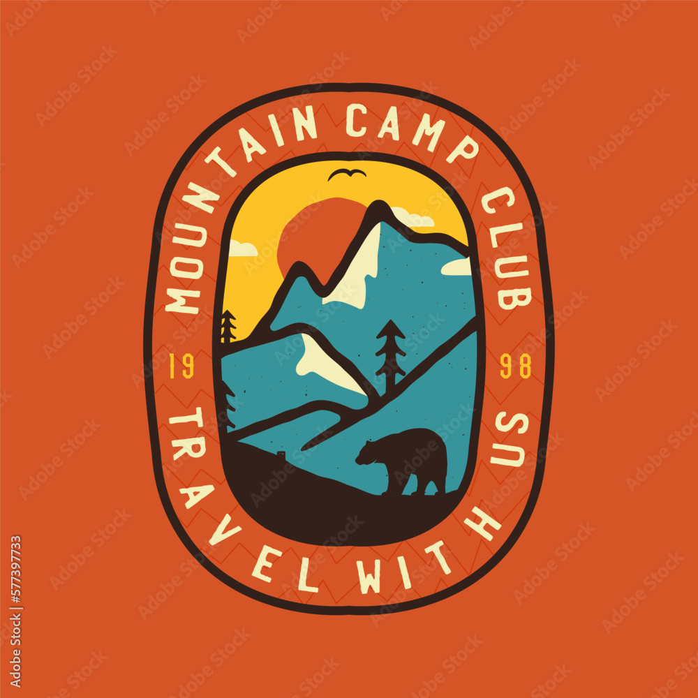 Vintage camping logo badge featuring wilderness-themed design including ... Vintage camping logo badge featuring wilderness-themed design including ...