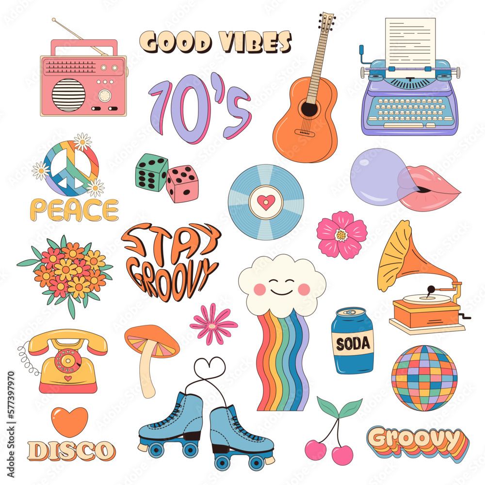 Retro 70s hippie psychedelic groovy elements. 70s nostalgic badges ...