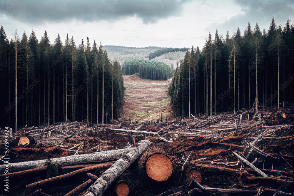 Deforestation. Logging in forest. Generative Ai Art. Landscape view ...