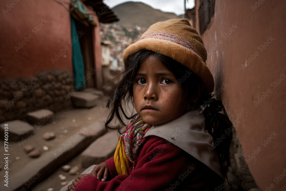 Peruvian children in poverty. Indigenous girl. generate by ai Stock ...