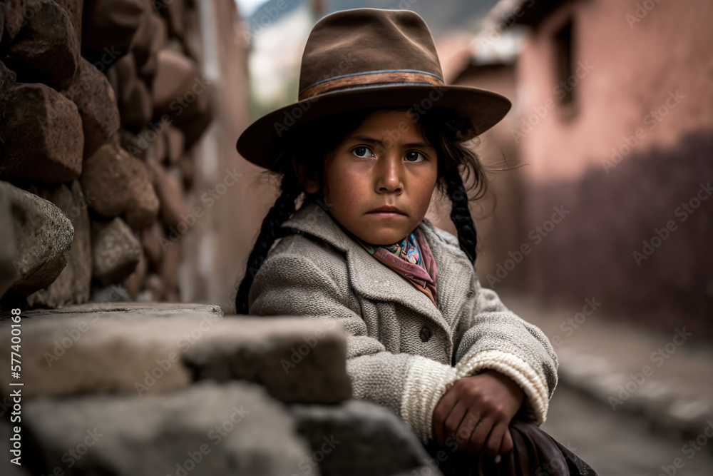 Peruvian children in poverty. Indigenous girl. generate by ai Stock ...