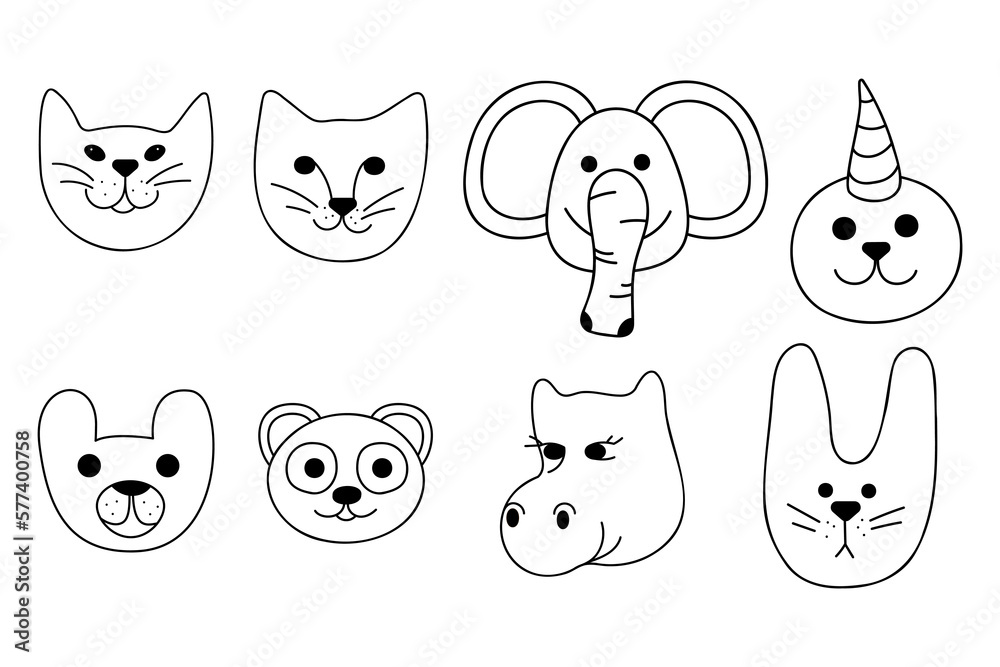 Cute little set with animal faces. Doodle black and white vector ...