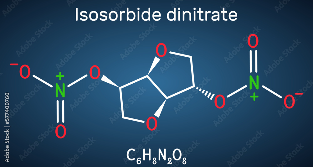Isosorbide dinitrate, ISDN molecule. It is vasodilator used to treat ...