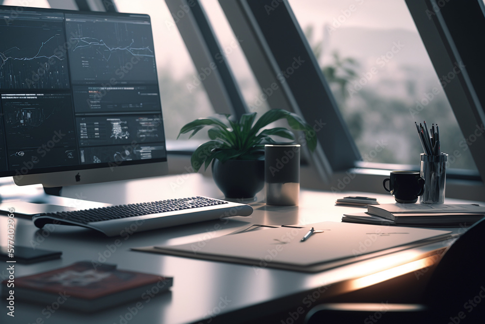 Modern office background with table and chair and computer. in the ...