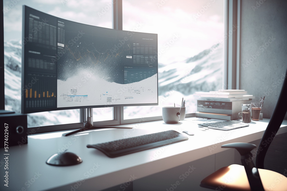 Modern office background with table and chair and computer. in the ...