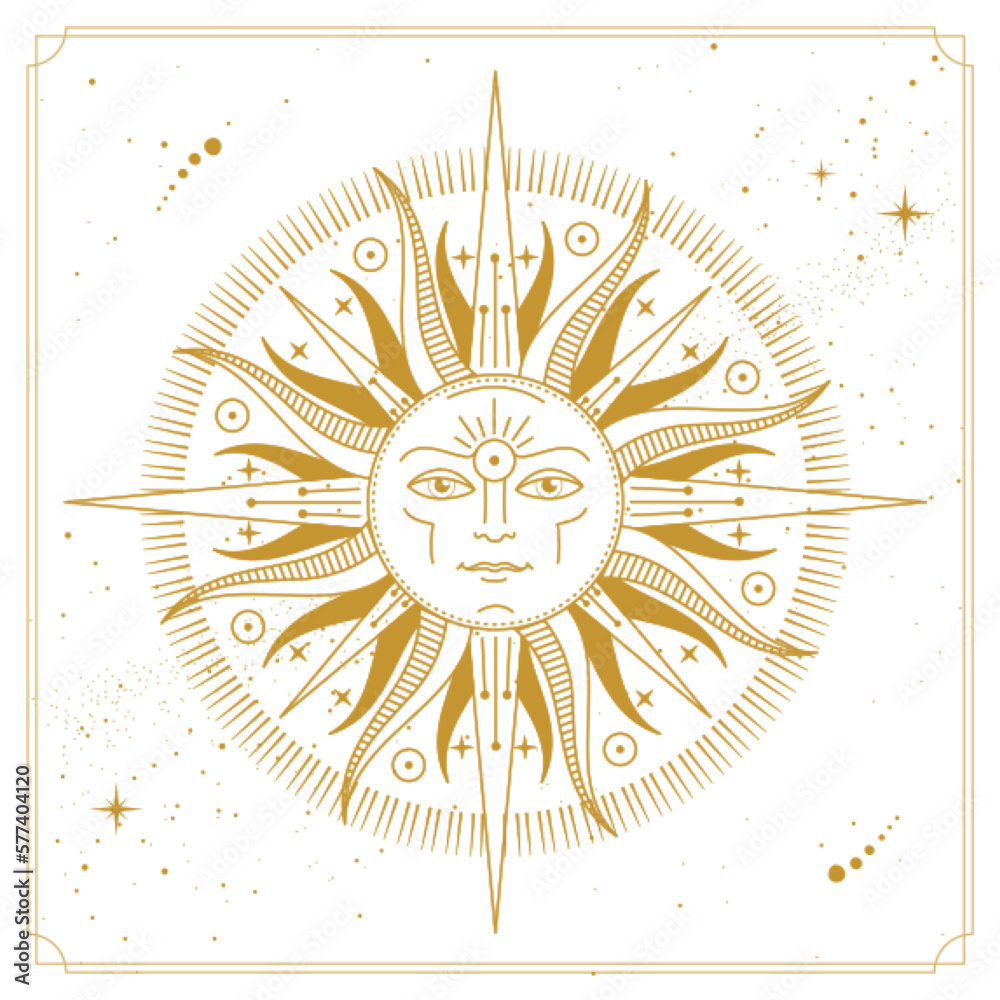 Modern magic witchcraft card with astrology sun sign with human face ...
