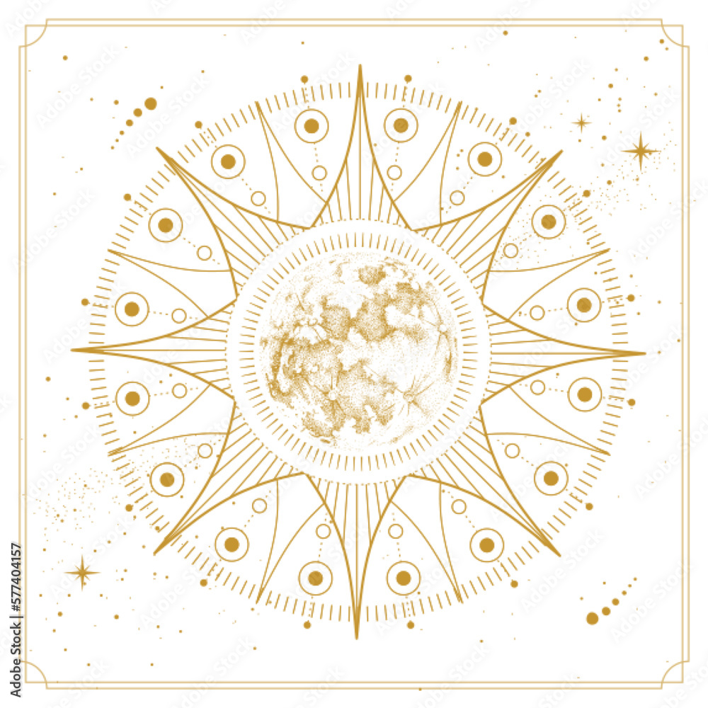 Modern magic witchcraft card with astrology full moon. Realistic hand ...