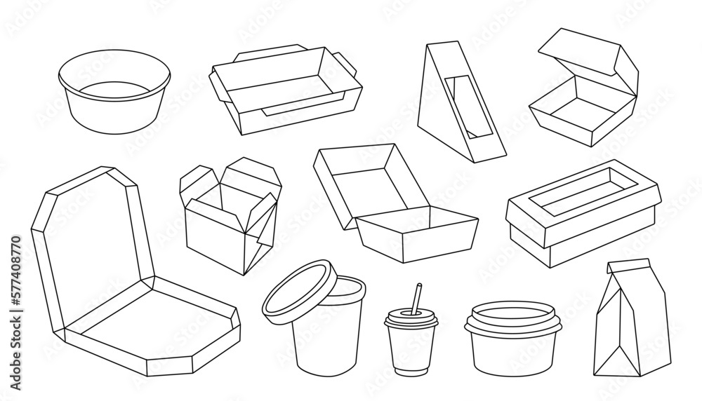 Cardboard food boxes outline set. Takeaway containers. Paper and ...