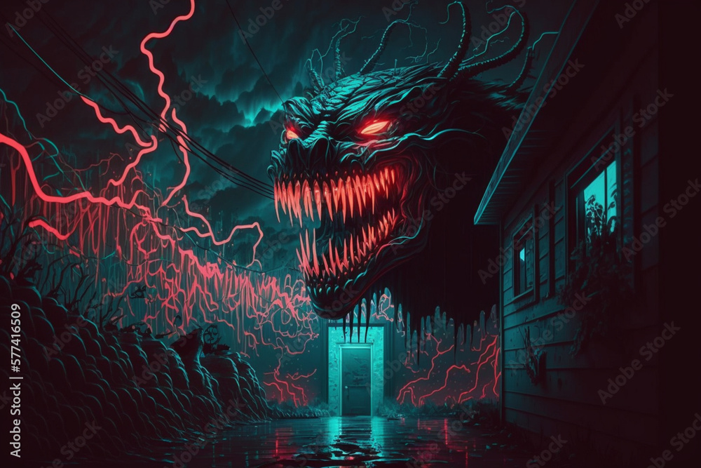Scary dark horror neon surrealism wallpaper Generative AI Stock Illustration | Adobe Stock